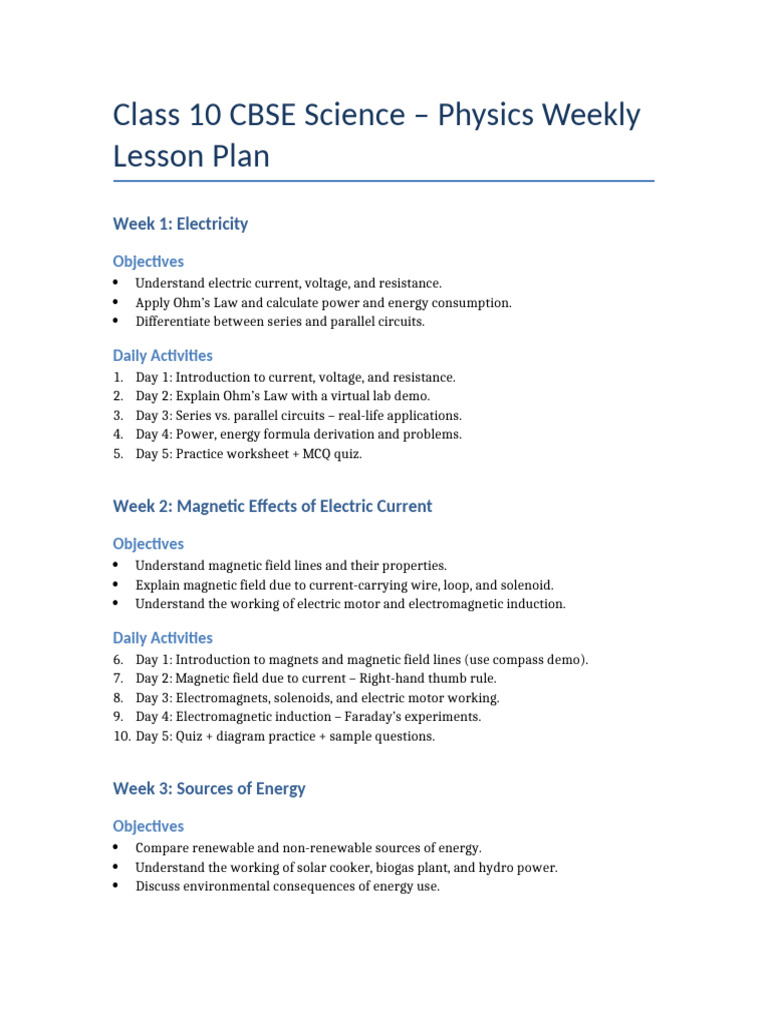 Class 10 Physics Weekly Lesson Plan | PDF