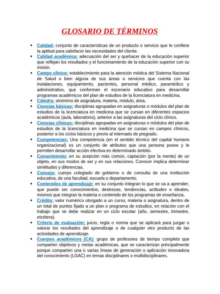 Glosario de Términos Académicos y Clínicos | PDF | Medicina | Aprendizaje