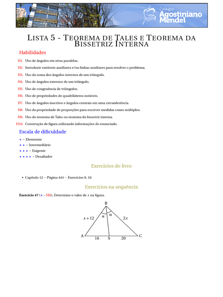 Exercícios sobre Bissetriz Interna e Tales | PDF | Triângulo | Formas ...