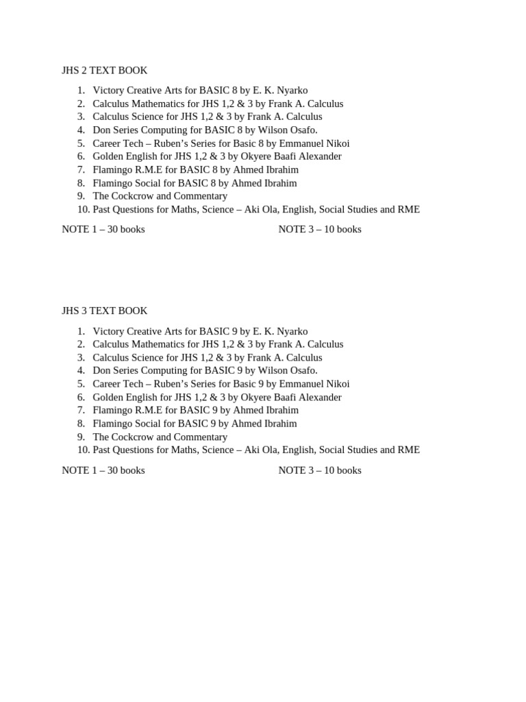 JHS 2 Textbook List Overview | PDF