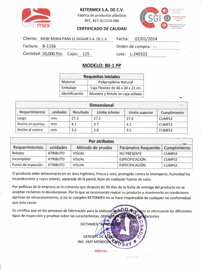 Certificado de Calidad de Productos Plásticos | PDF