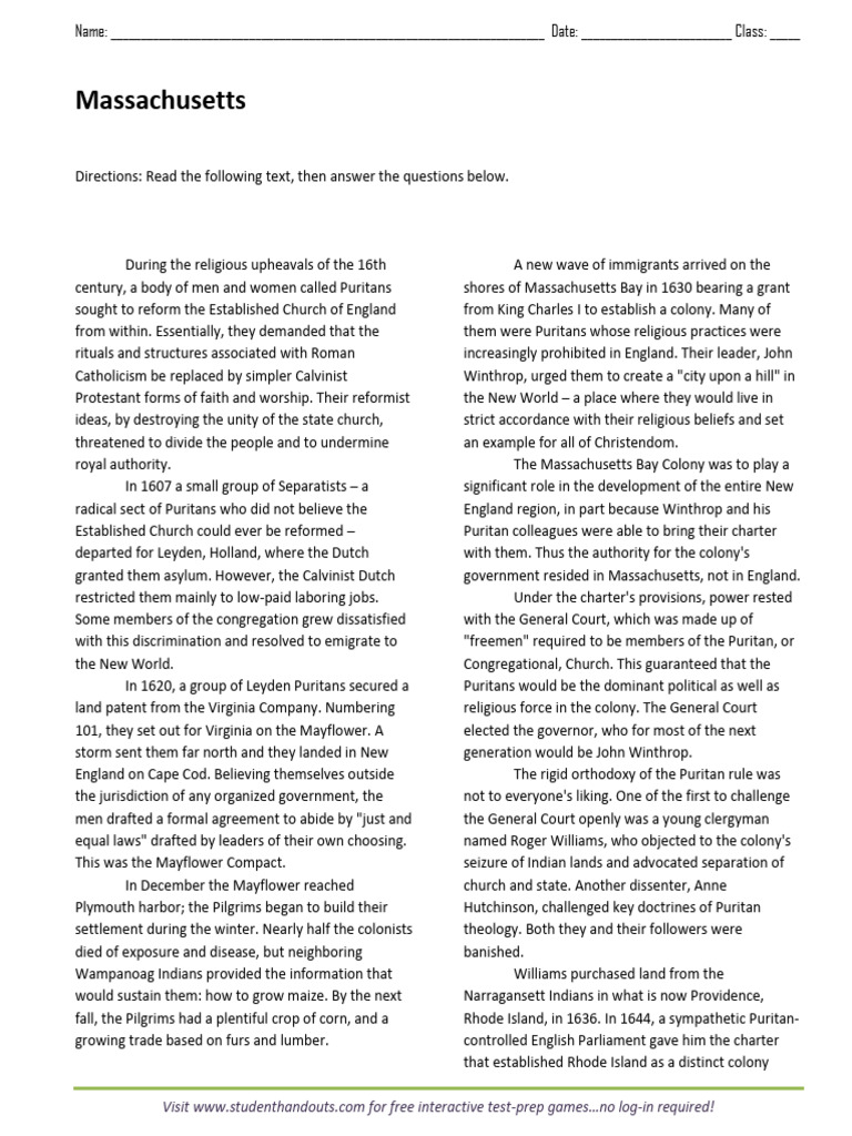 01.07-Massachusetts Worksheet | PDF | Plymouth Colony | Puritans