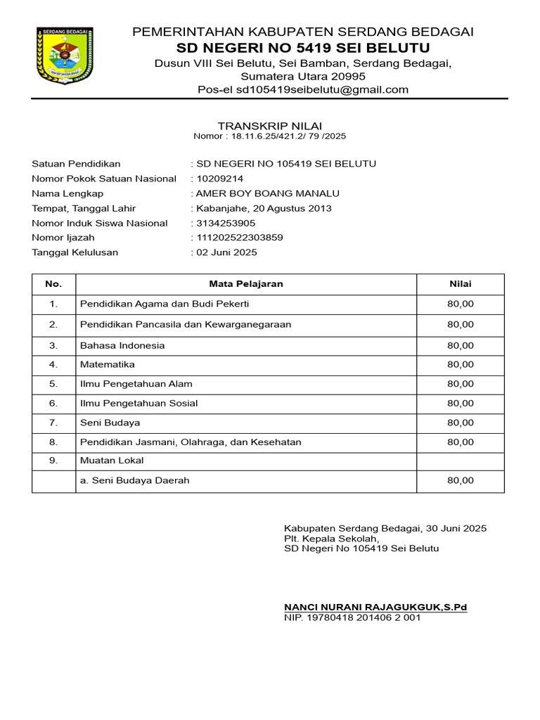 Transkrip Nilai Sdn 105419 | PDF