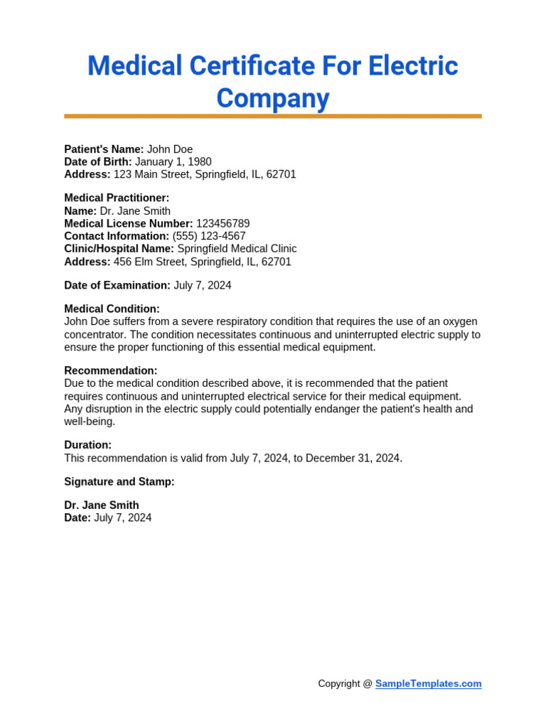 Medical Certificate for Electric Service | PDF