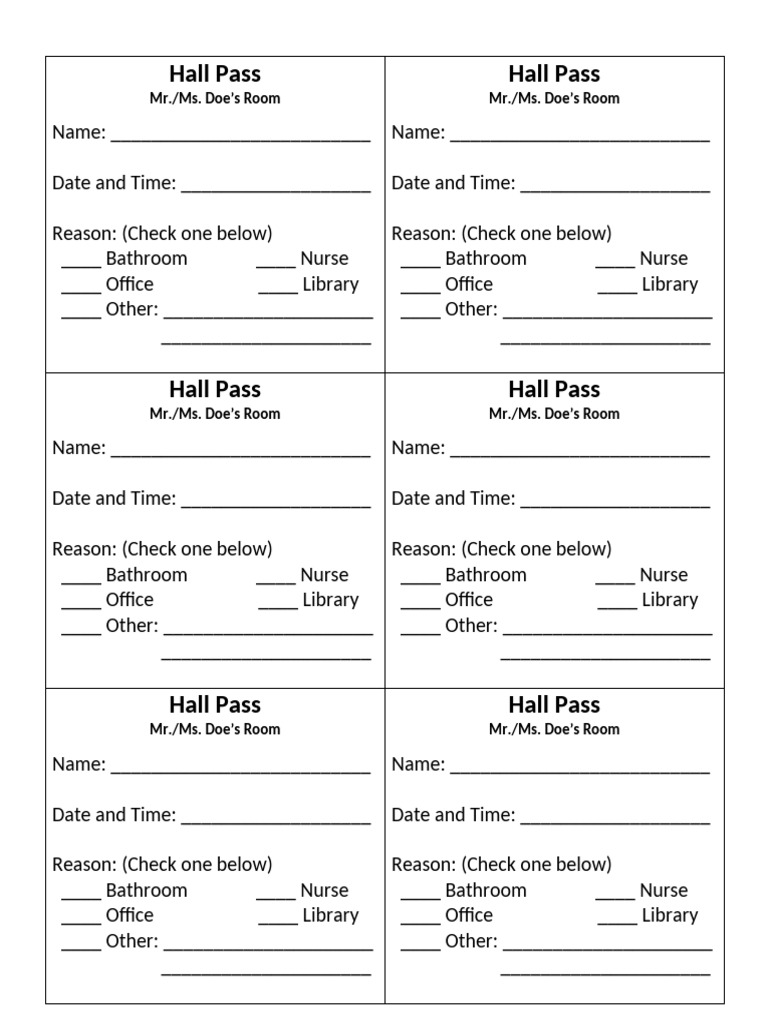 HallPassTemplateEditable 1 | PDF