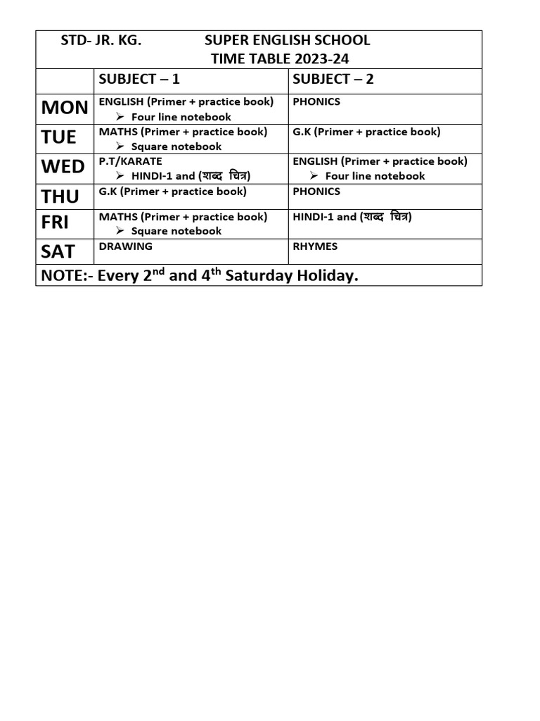 STD JR - Kg. New Time Table 23-24 | PDF