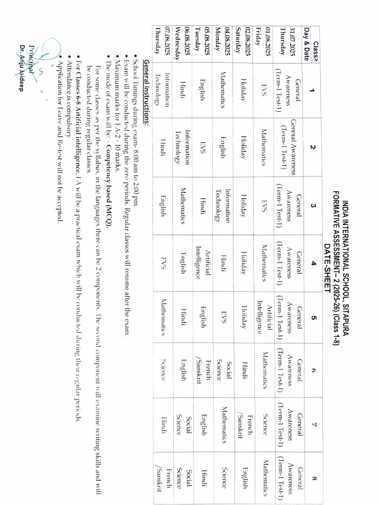 FA-2 Exam Schedule for Classes 1-8 | PDF | Qualifications | Educational ...