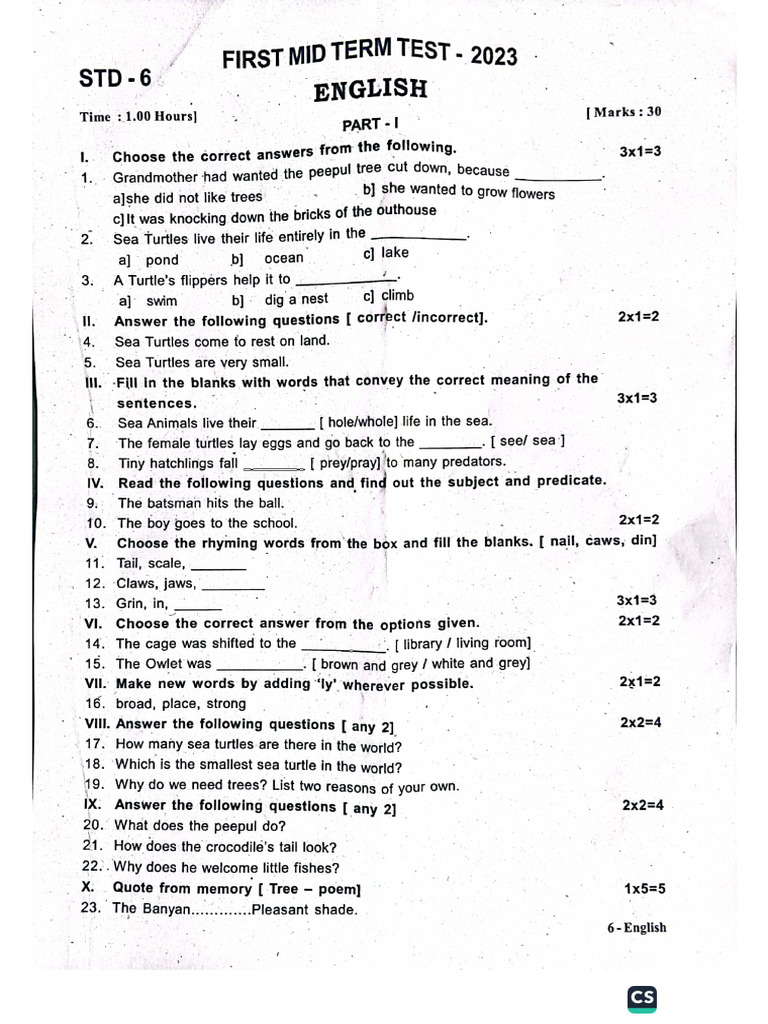 6th English EM 1st Mid Term Exam 2023 Original Question Paper ...