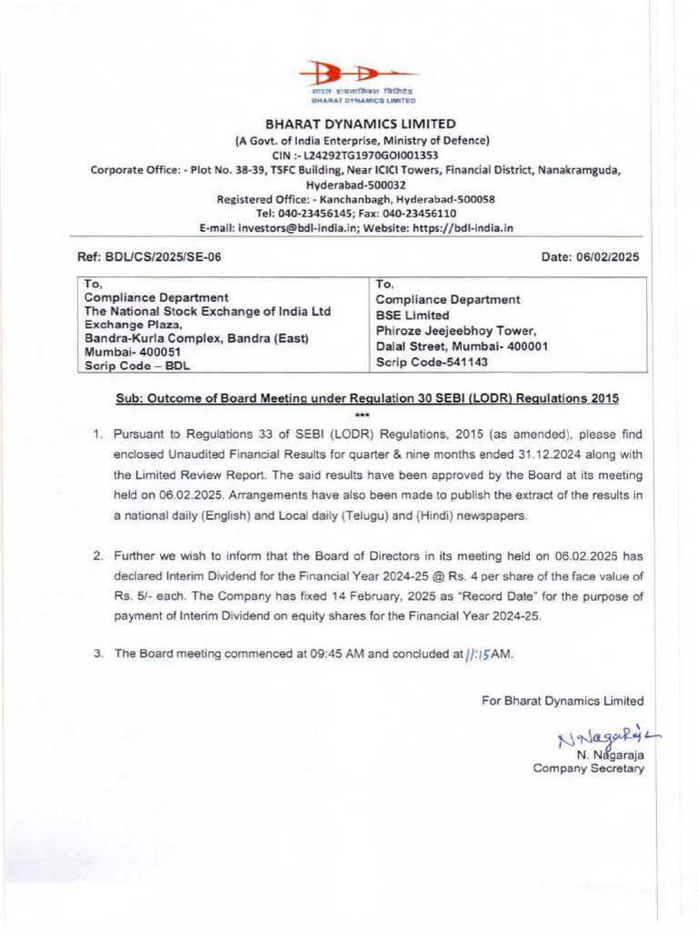 BDL 2024-25 Q3 Financial Results | PDF | Audit | Auditor's Report