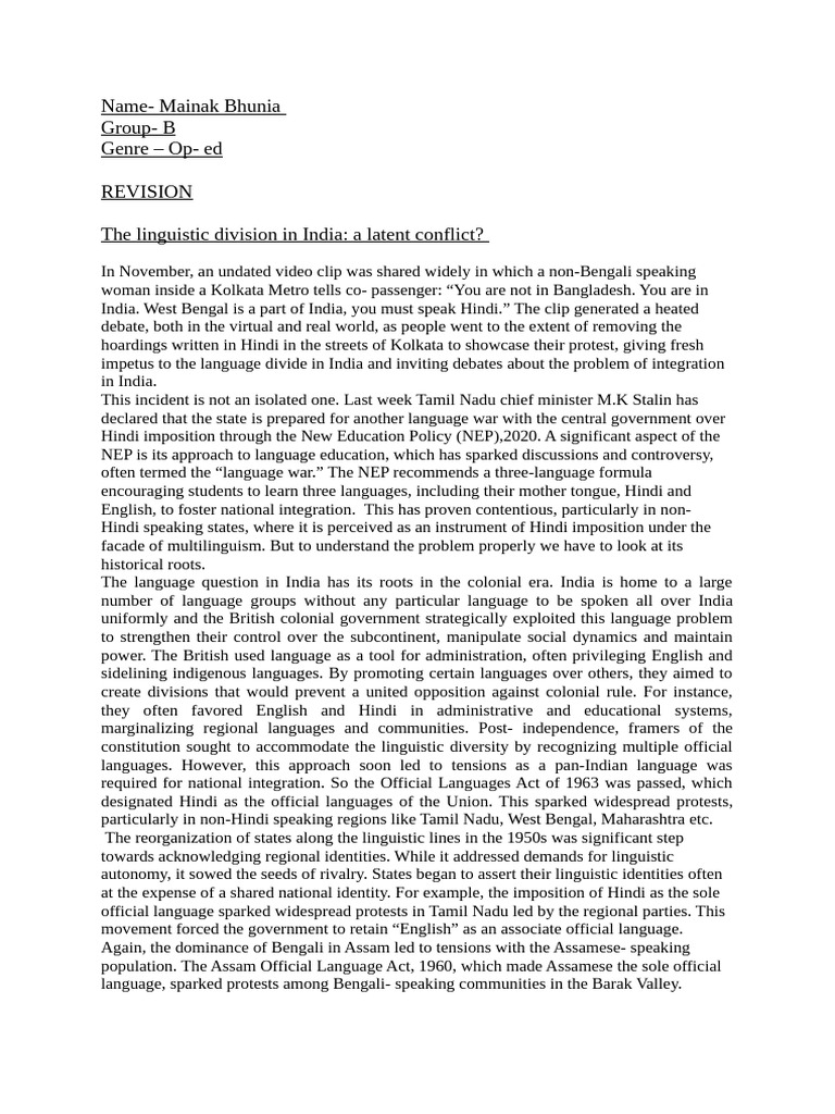 Mainak Bhunia, Internship Essay-1 | PDF | Languages Of India | Linguistics