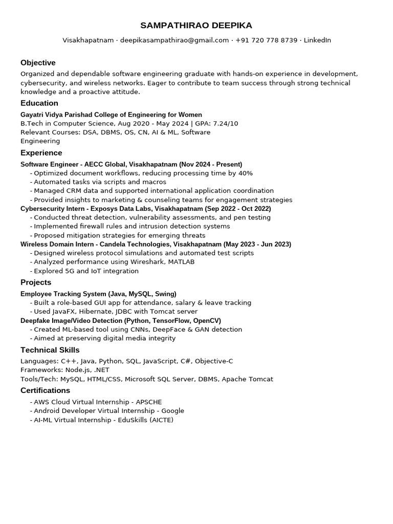 Deepika 1 Page CV | PDF