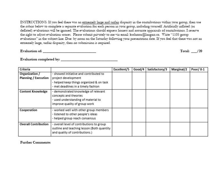 Optional Peer & Self Evaluation Rubric - Spring 2023 | PDF
