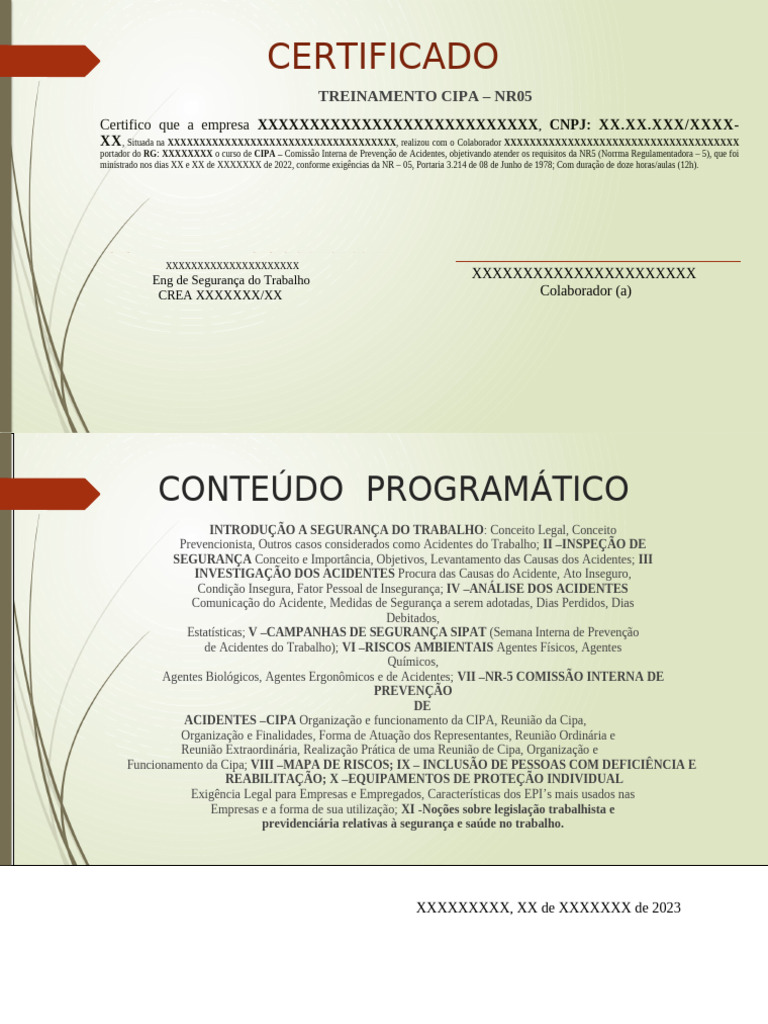 Certificado Treinamento CIPA NR05 | PDF | Segurança e saúde ocupacional