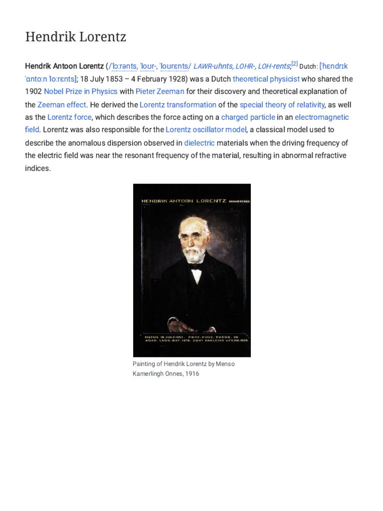 Hendrik Lorentz: Nobel Physicist Insights | PDF | Luminiferous Aether ...