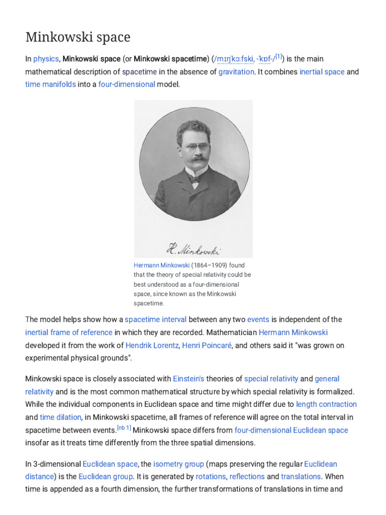 Minkowski Space - Wikipedia | PDF | Spacetime | Special Relativity