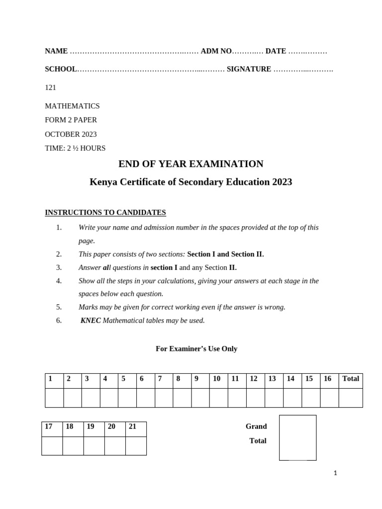 Form 2 Mathematics Exam Paper 2023 | PDF | Inequality (Mathematics)