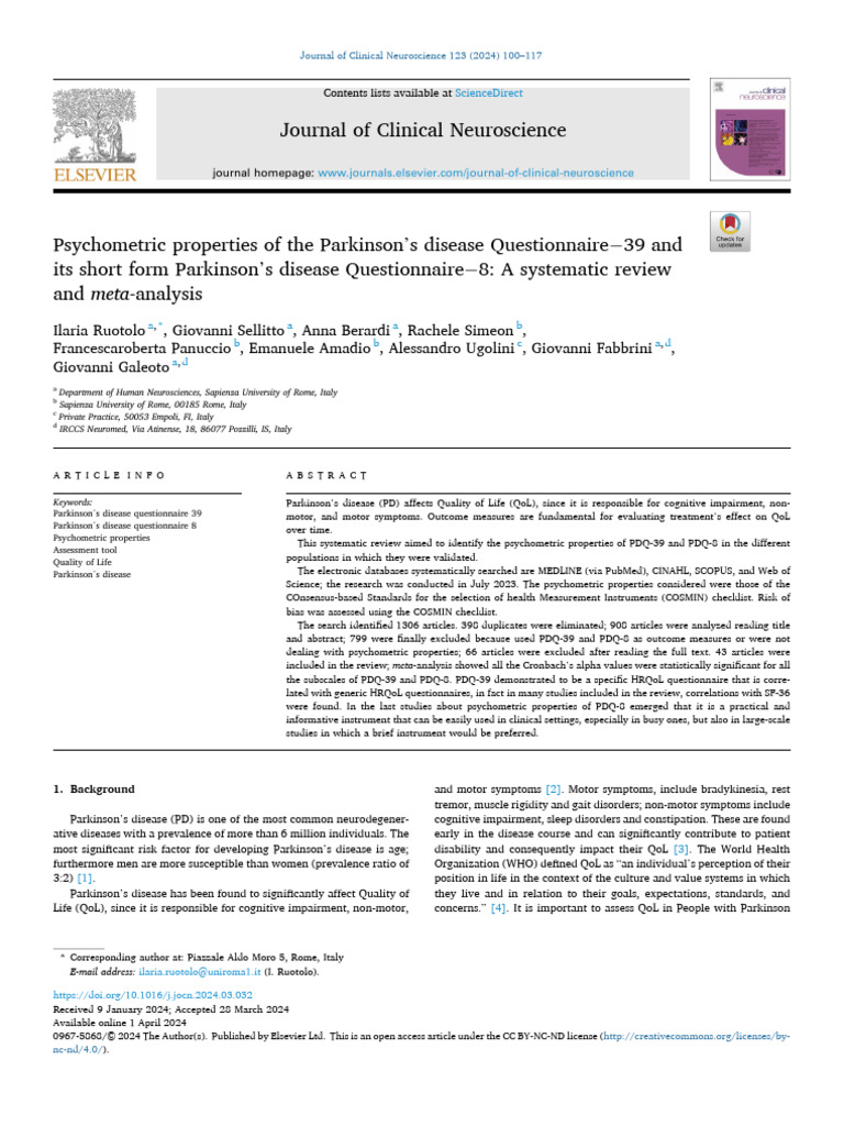 Psychometric Review of PDQ-39 and PDQ-8 | PDF | Validity (Statistics ...