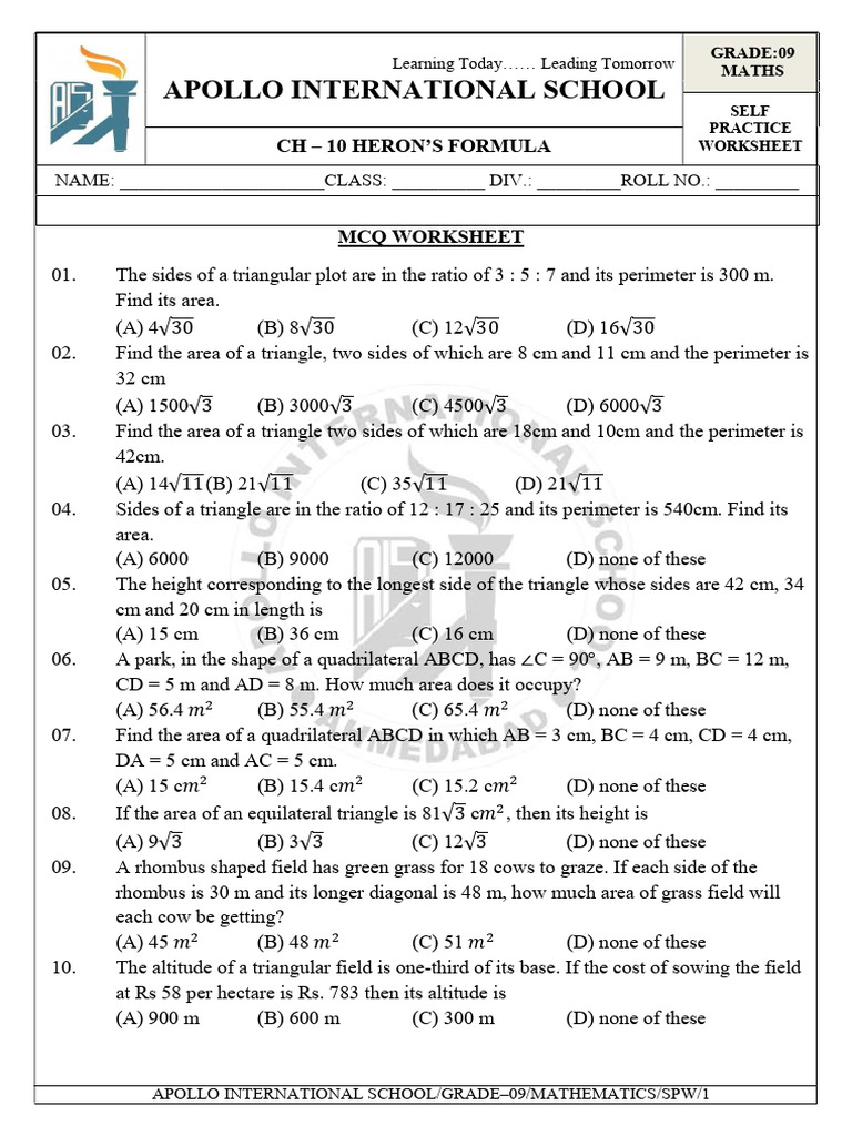 Apollo International School: CH - 10 Heron'S Formula | PDF | Area ...