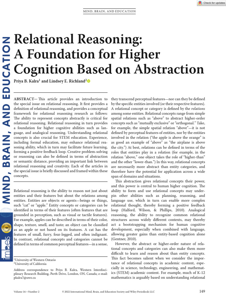 Mind Brain and Education - 2022 - Kalra - Relational Reasoning A ...