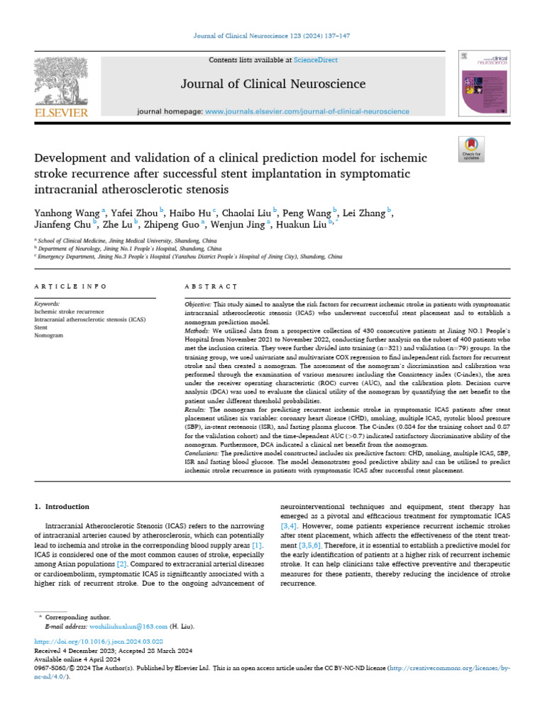 Predicting Stroke Recurrence Post-Stenting | PDF | Stroke | Coronary ...