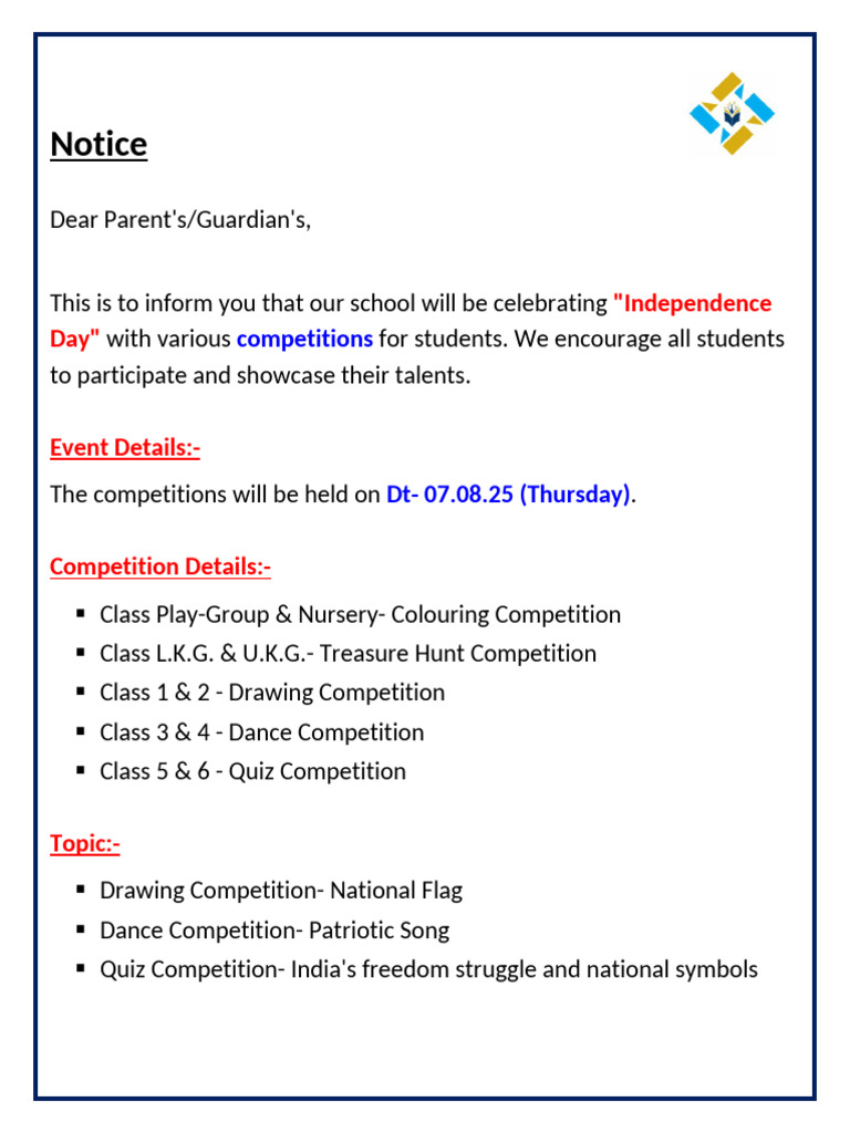 Notice For Competition On Independence Day | PDF
