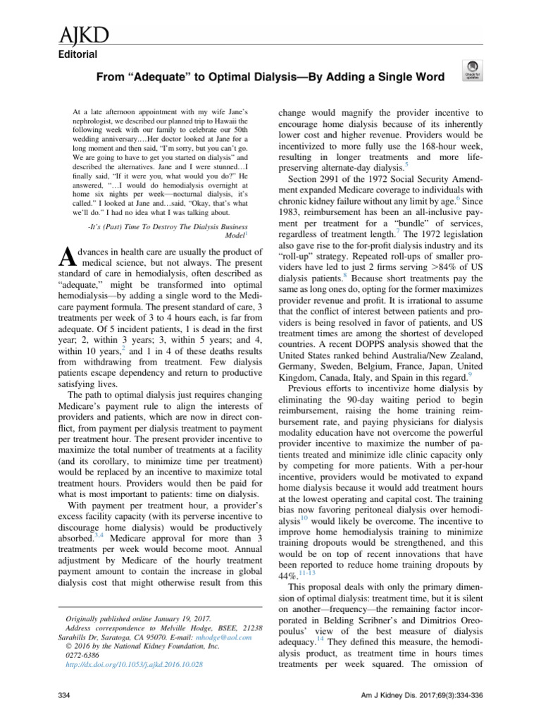 From "Adequate" To Optimal Dialysis-By Adding A Single Word | PDF ...
