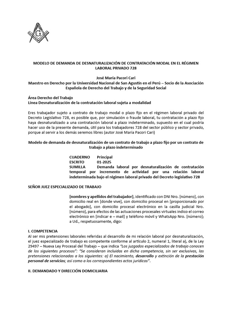 MODELO DEMANDA DESNATURALIZACIÓN DE CONTRATACIÓN MODAL RÉGIMEN LABORAL 728 - AUTOR JOSÉ MARÍA ...