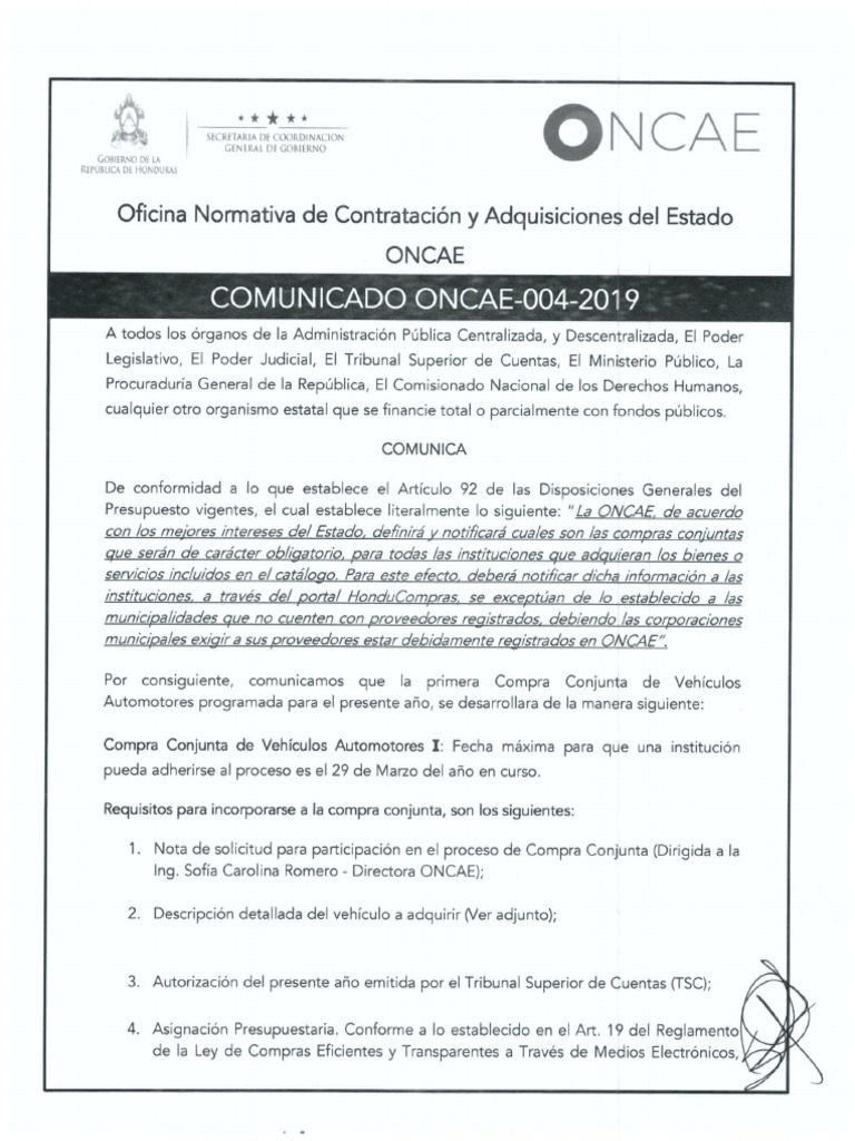 Comunicado Oncae-004-2019 - I Compra Conjunta 2019 | PDF