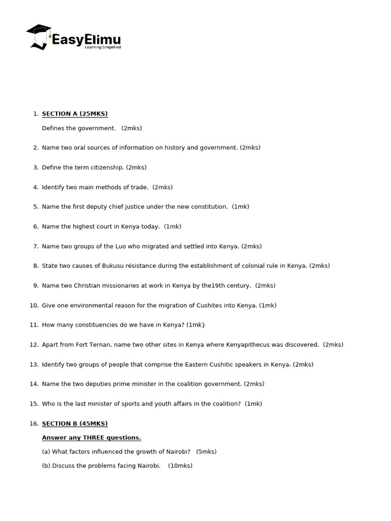 Form 2 History Exam Questions 2024 | PDF | Kenya