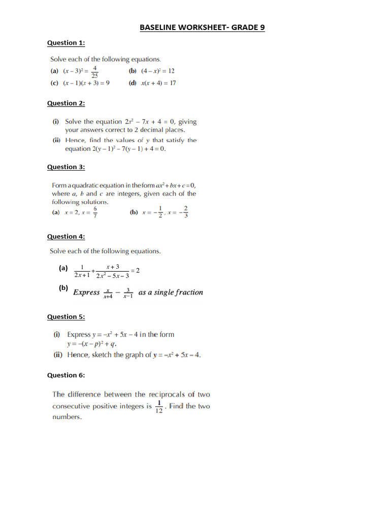 Grade 9 Baseline Worksheet | PDF
