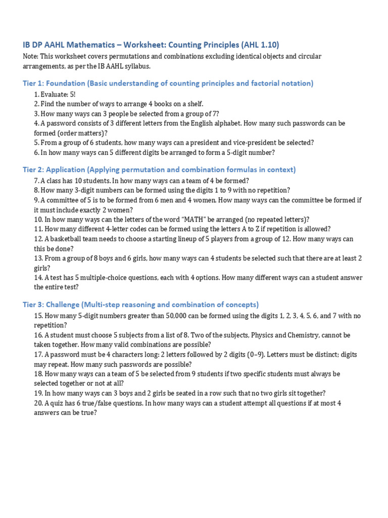 AAHL Counting Worksheet | PDF | Permutation | Mathematics