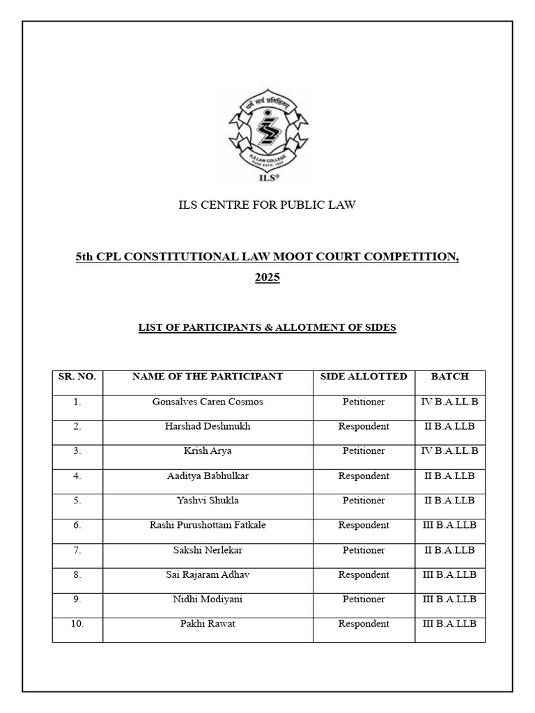 CPL Constitutional Law Moot 2025 List of Participants | PDF