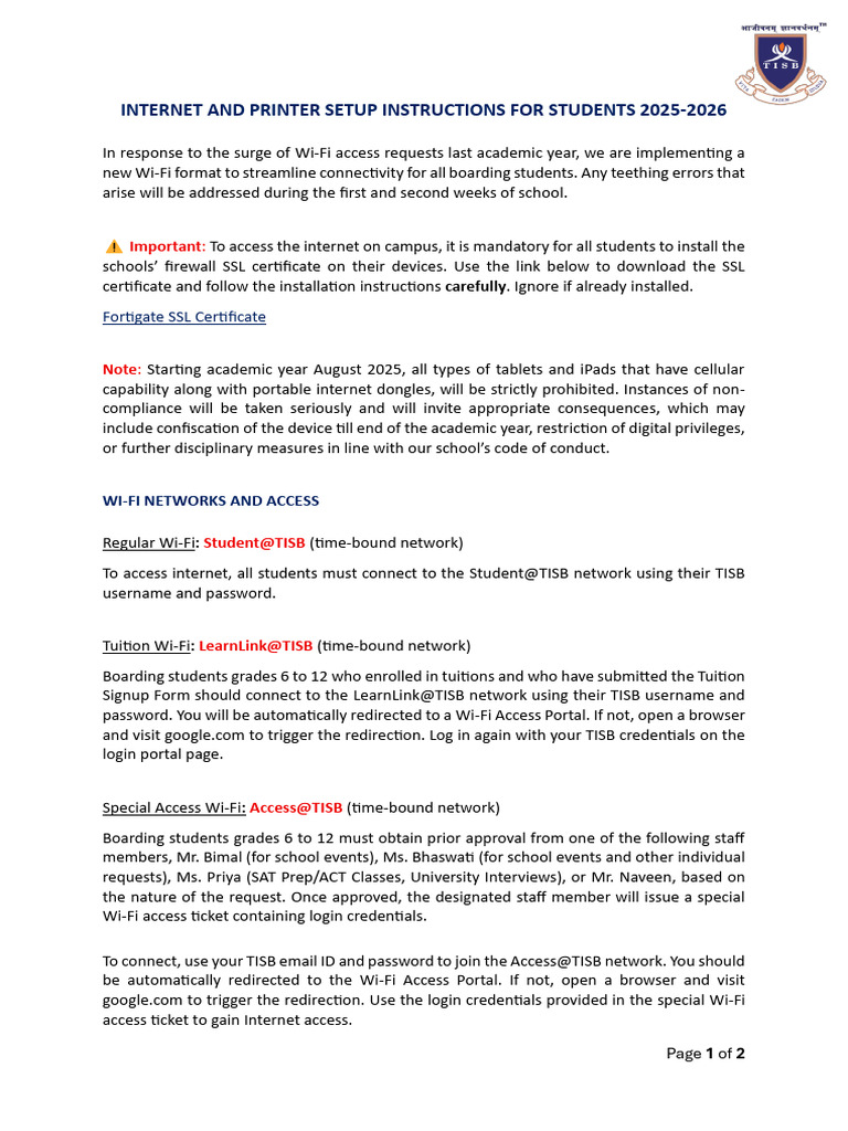 Internet & Printer Setup for Students 2025-26 | PDF | Wi Fi | Login