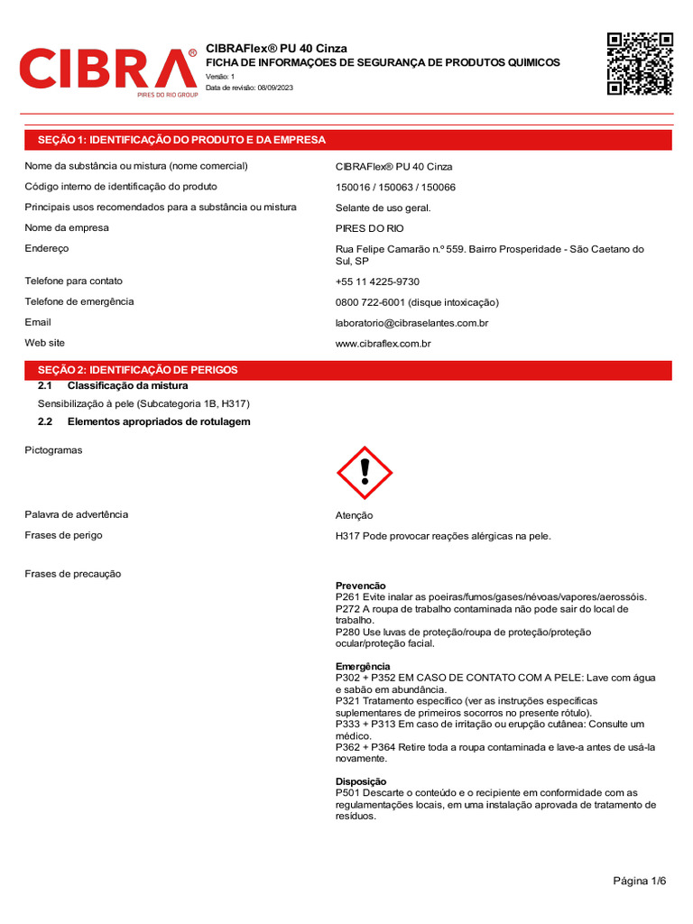 FISPQ CIBRAFlex PU 40 Cinza: Segurança e Uso | PDF | Dióxido de carbono ...