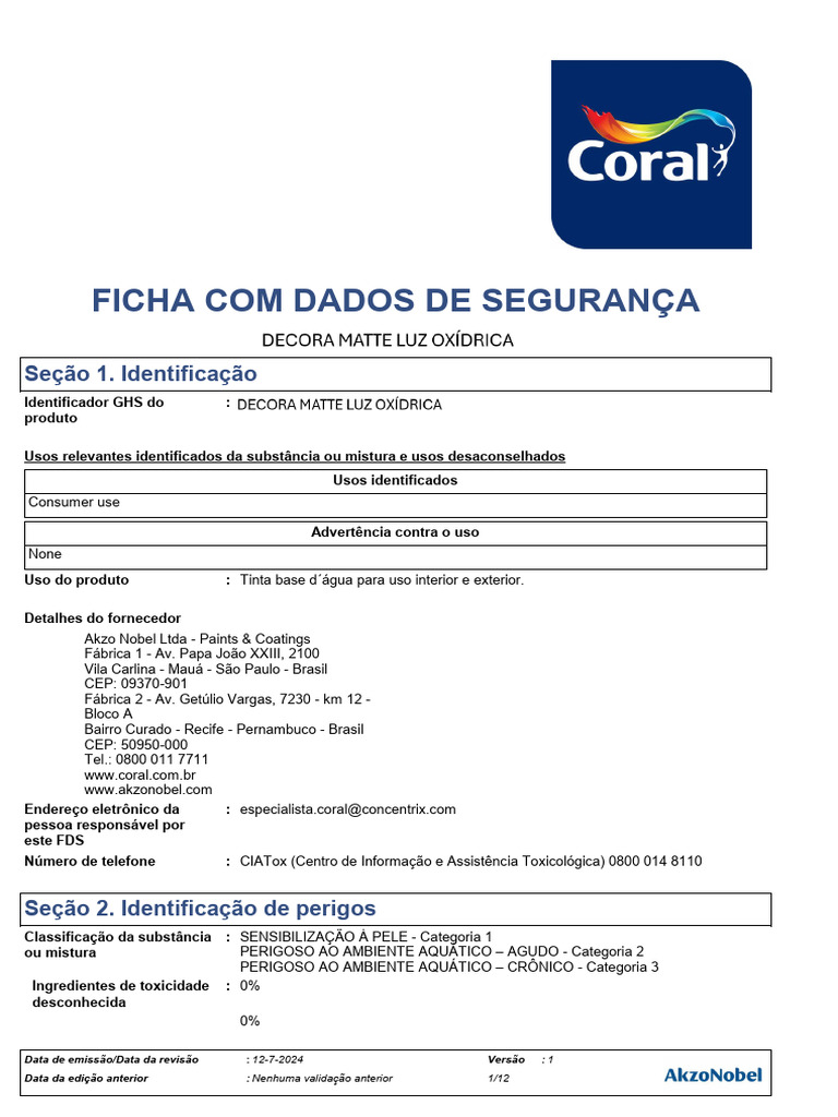 Ficha de Segurança: Tinta Decora Matte | PDF | Desperdício | Toxicidade