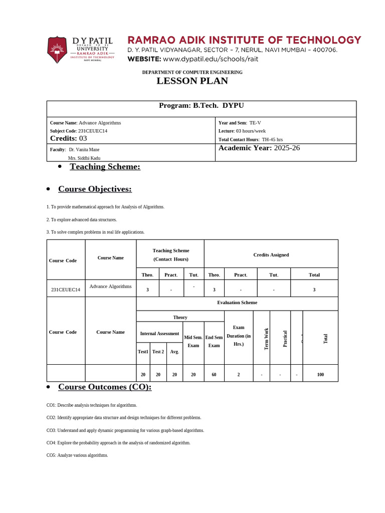 RAIT - Lession - Plan - AA - Theory - July 2025 | PDF | Engineering | Knowledge