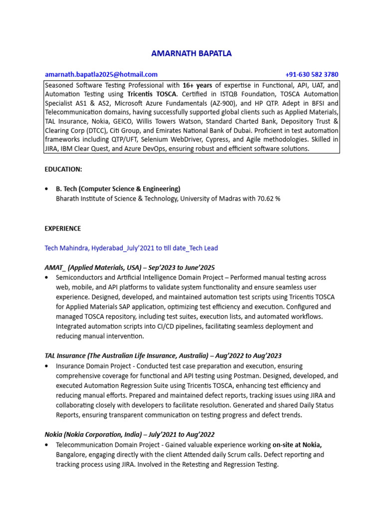 AMARNATH - 16 Yrs - QA Profile | PDF | Software Development | Software ...