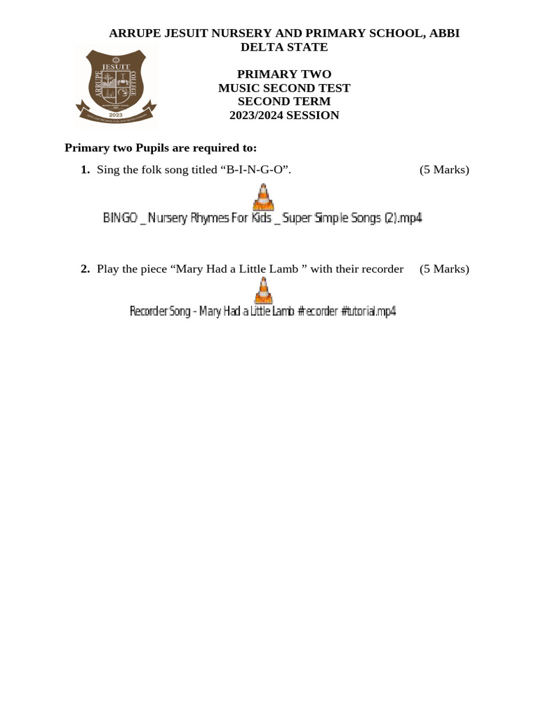 Cat 2 Music Primary 2 Second Term 20242025 Session | PDF