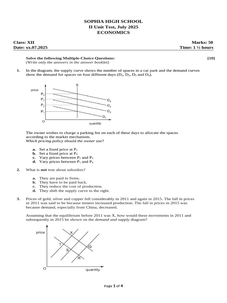 Economics Unit Test for Class XII - July 2025 | PDF | Economic ...