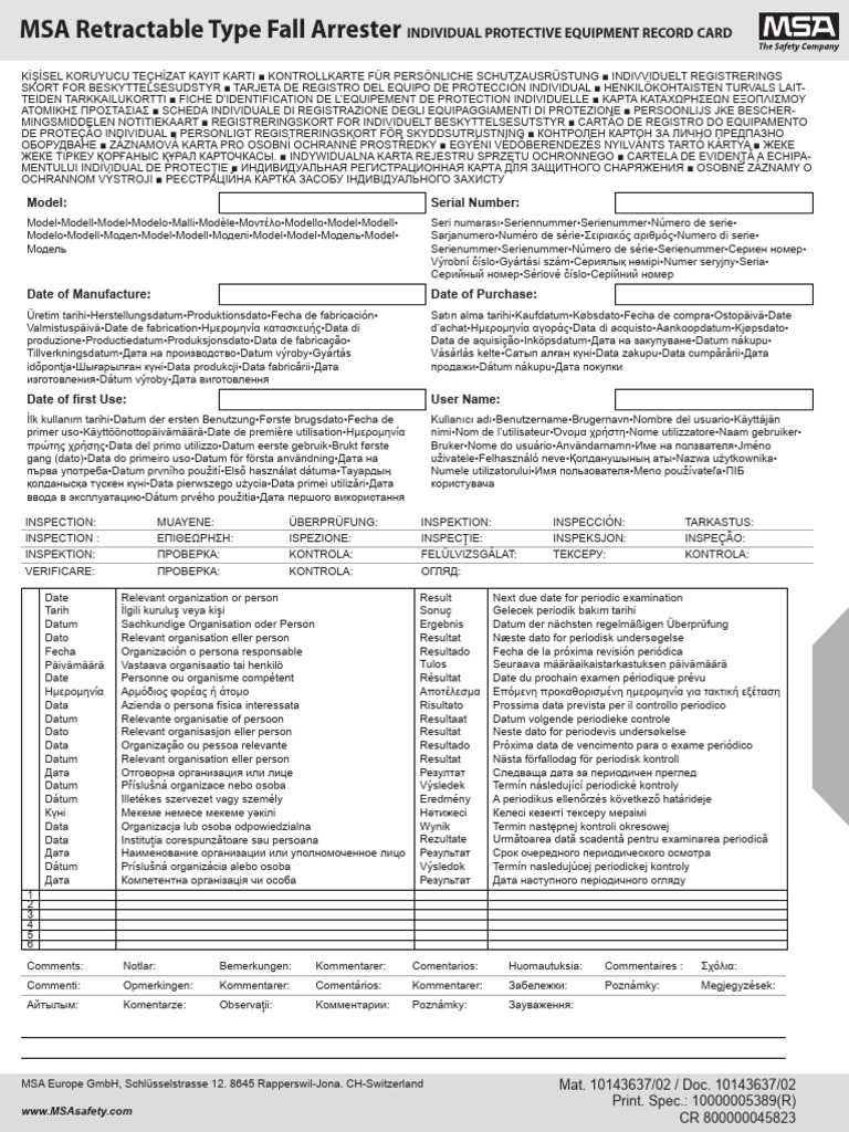 20 MSA Retractable Type Fall Arrester Individual Record Card en | PDF