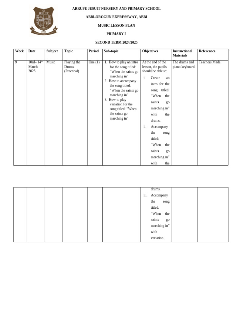 Primary 2 Week 9 Music Lesson Plan Second Term | PDF | Cognitive ...