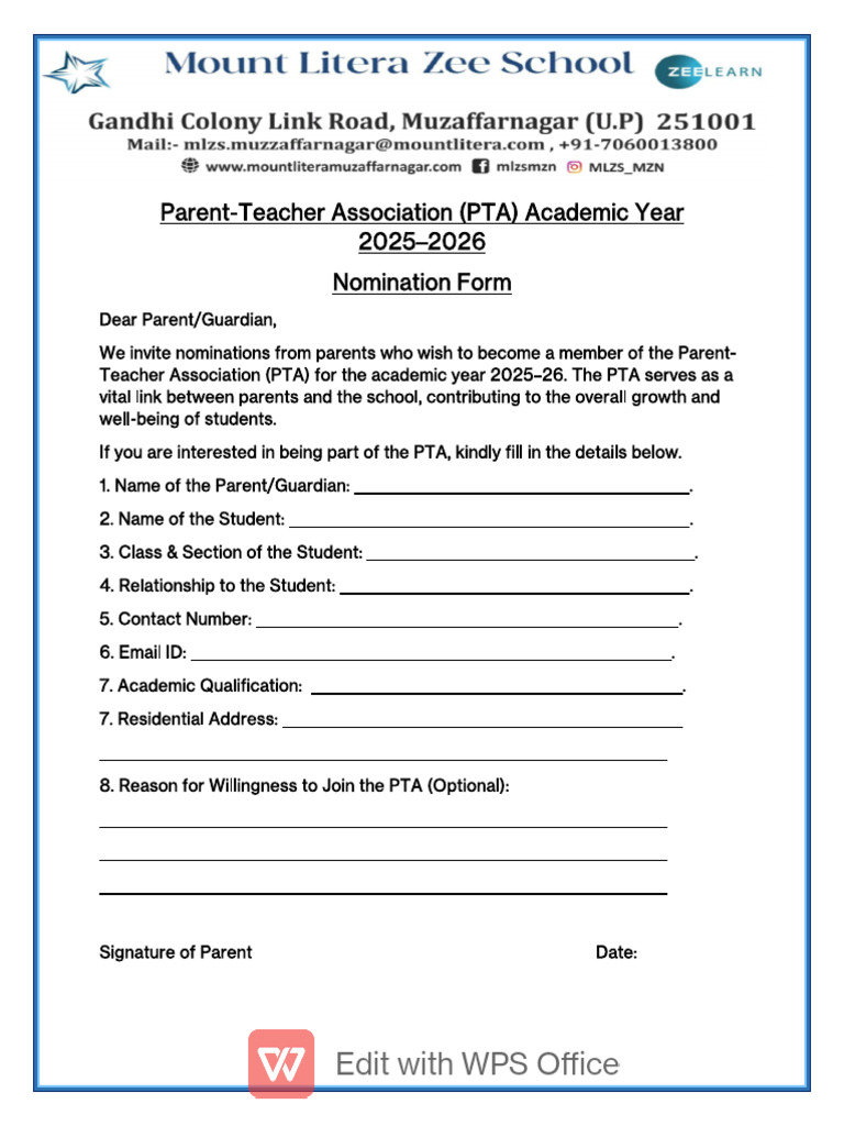 PTA Nomination Form 2025-26 | PDF