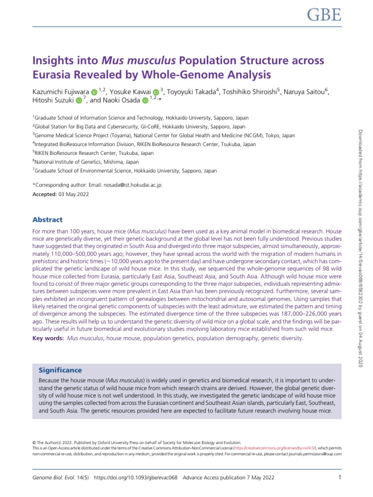 Mus musculus Genetic Diversity in Eurasia | PDF | Mouse | Mitochondrial Dna