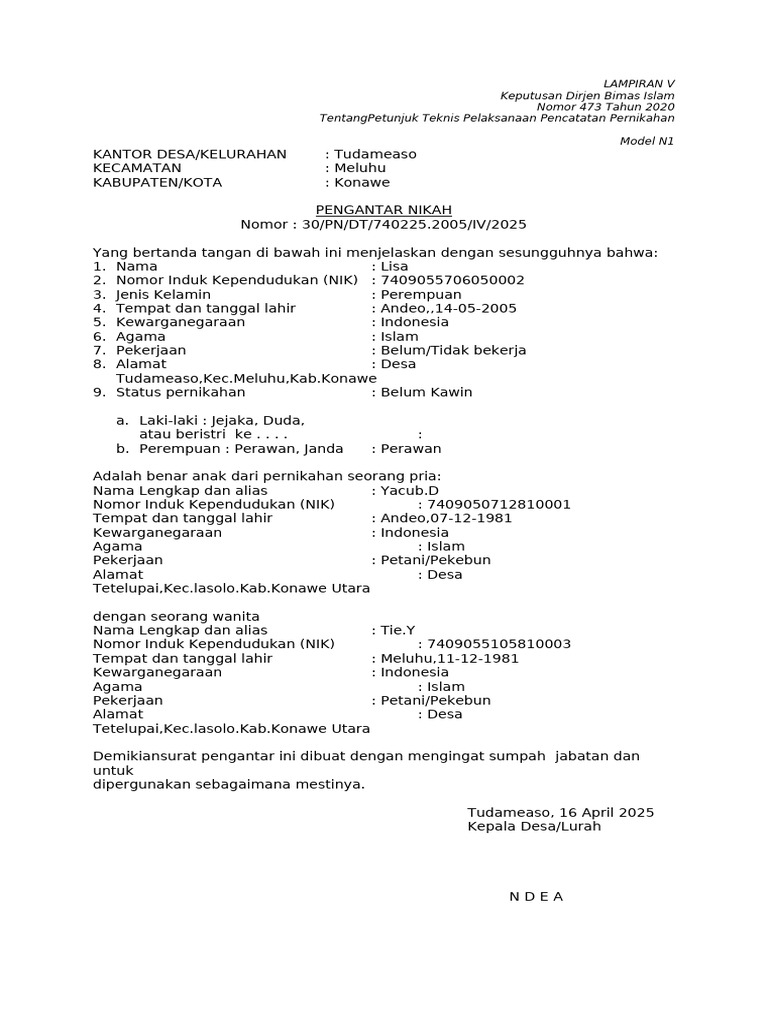 Surat Pengantar Nikah Pma 473 2020 | PDF