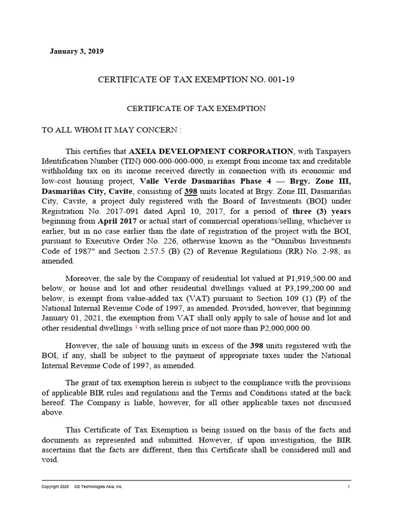Tax Exemption Certificate for AXEIA Development | PDF | Taxes | Value ...