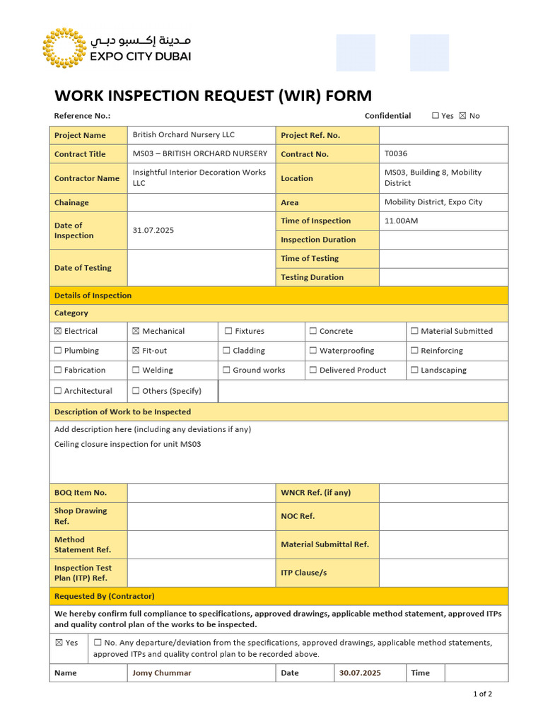 WIR - Ceiling Closure Inspection Request | PDF | Building Engineering