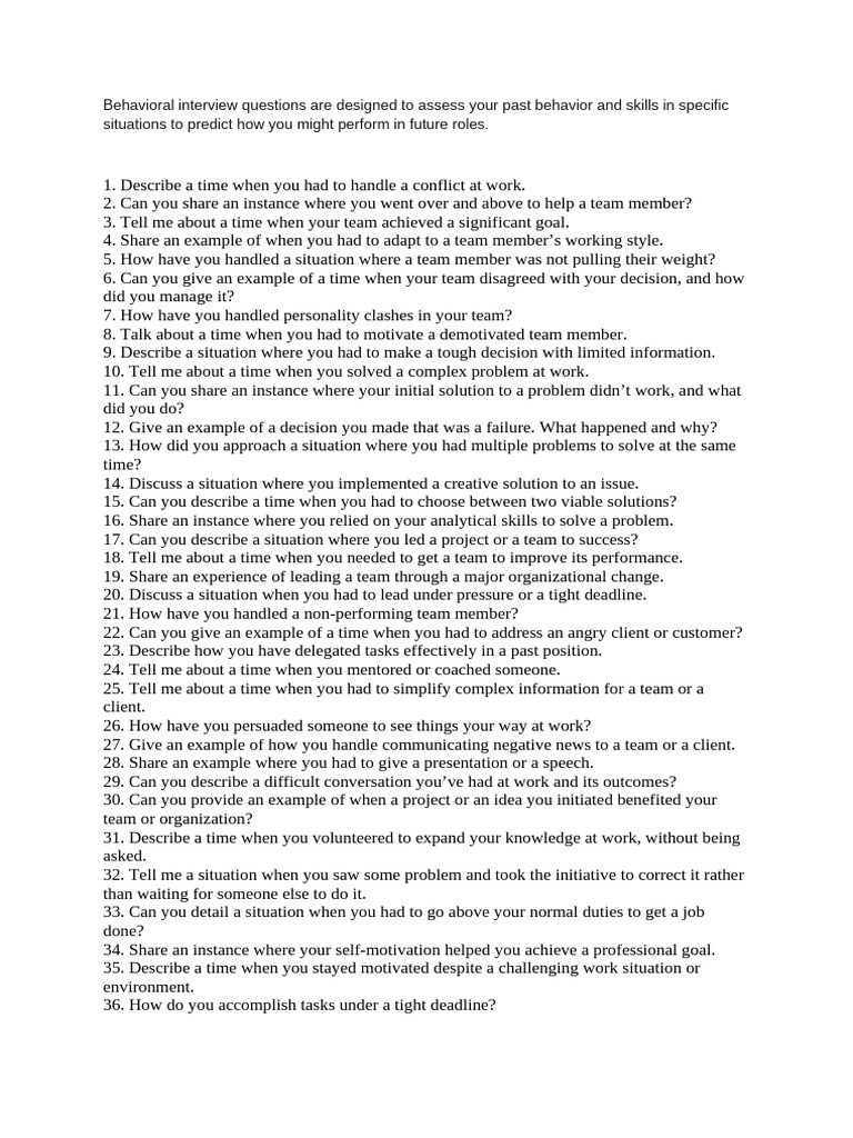 BEhaviour and Hypothetical Questions For Interviews | PDF | Cognitive ...