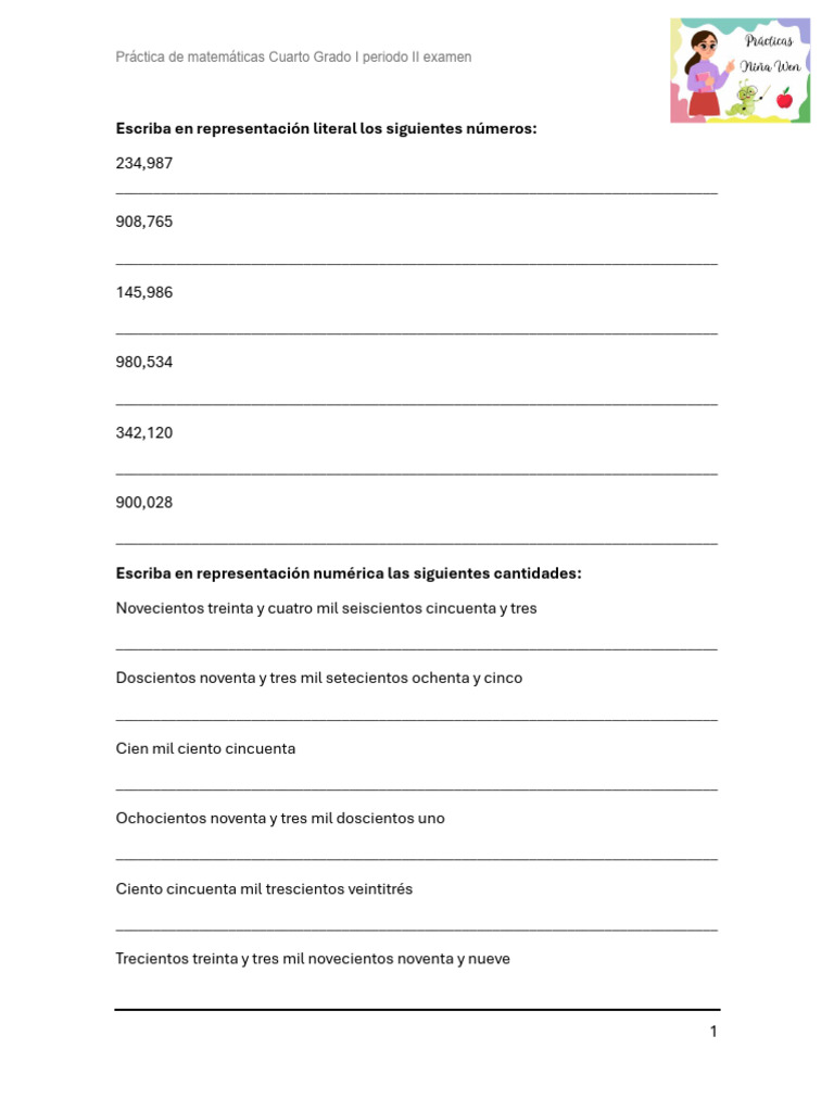 Practica Matemáticas II Examen I Periodo Cuarto Grado | PDF