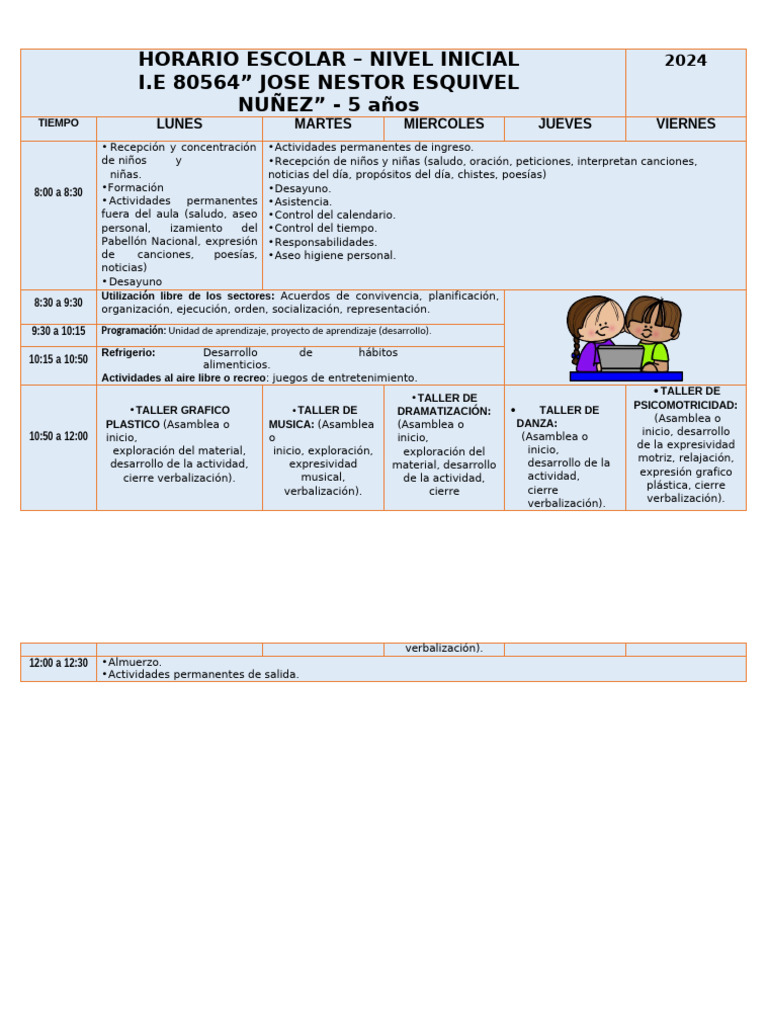 Horario Escolar Nivel Inicial 2024 | PDF