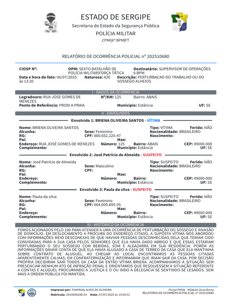 Portal - Ocorrência - Relatório de Ocorrência Policial #202510680 | PDF ...